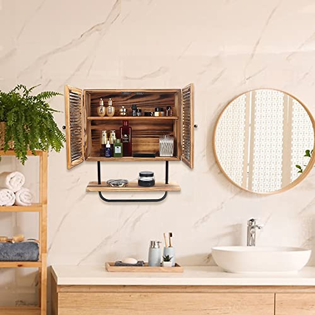 Butizone Barndoor Bathroom Wall Cabinet, 17x21'' Small Wall Mount Medicine Storage Cabinet, Rustic Bathroom Wall Cabinet Over Toilet with Shelve and Towel Bar