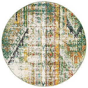 SAFAVIEH Madison Collection 6'7" Round Green / Orange MAD422Y Boho Chic Tribal Distressed Non-Shedding Dining Room Entryway Foyer Living Room Bedroom Area Rug