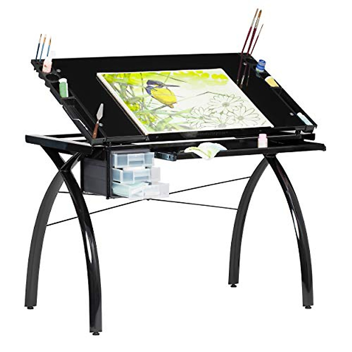 Futura Crafting, Drafting, Drawing Table with Adjustable Top, Black and Black Glass
