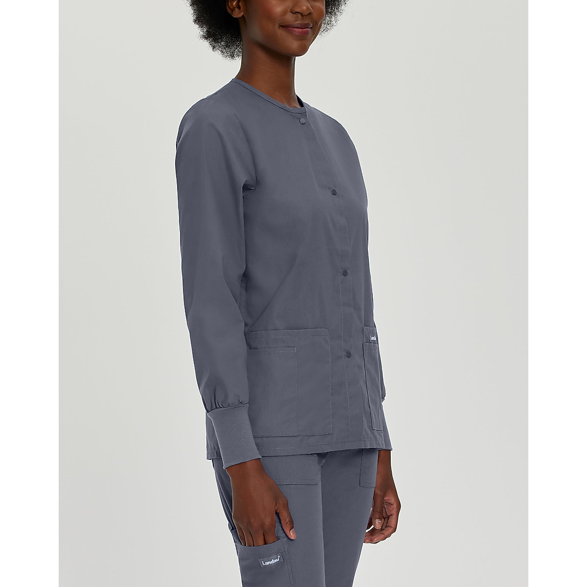 Landau Essentials Relaxed Fit 4-Pocket Snap-Front Scrub Jacket for Women 7525 Steel Grey