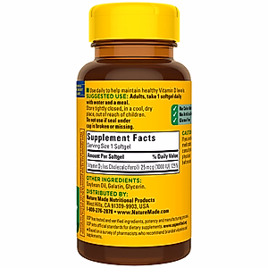 Nature Made Vitamin D3 1000 IU (25 mcg), Dietary Supplement for Bone, Teeth, Muscle and Immune Health Support, 100 Softgels, 100 Day Supply