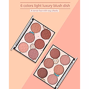 6 Color Blush Palette, Matte and Shimmer Powder, Highlight Face Blusher Buildable, Professional Facial Contour Blush Pallet Pigmented and Long Last For Natural Fair Dark Skin Tone