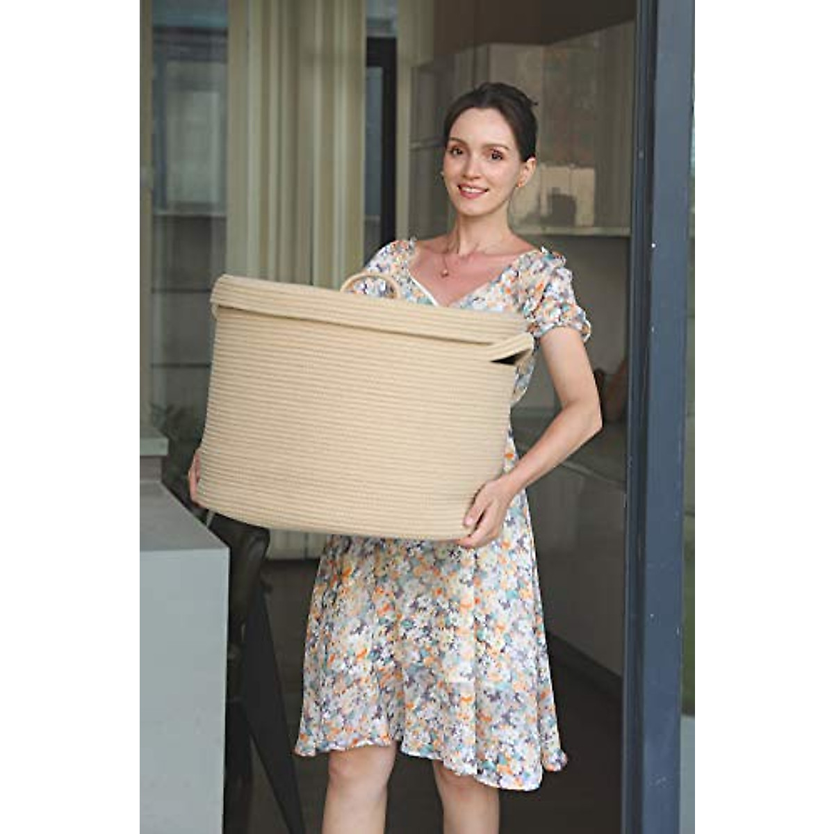 20" x 20" x 15" Extra Large Storage Basket with Lid, Cotton Rope Storage Baskets, Laundry Hamper, Toy Bin, for Toys Blankets Pillows Storage in Living Room Baby Nursery, Basket with Cover, All Beige