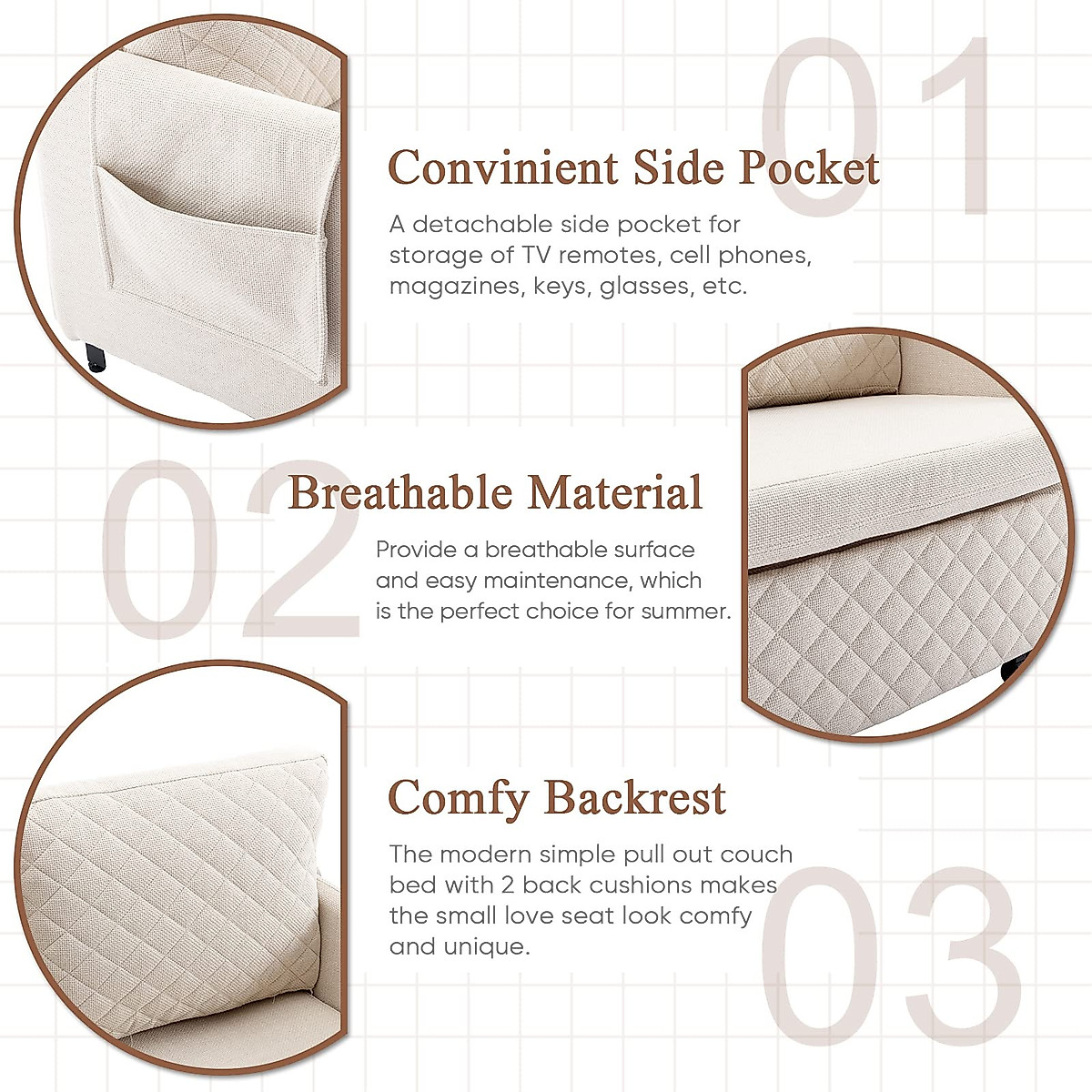 Antetek Sleeper Sofa Bed, 46-inch Modern Linen Loveseat Sleeper Sofa Couch with Pull-Out Bed, Small Love seat Sofa Single Bed with a Detachable Side Pocket for Living Room, Office, Beige