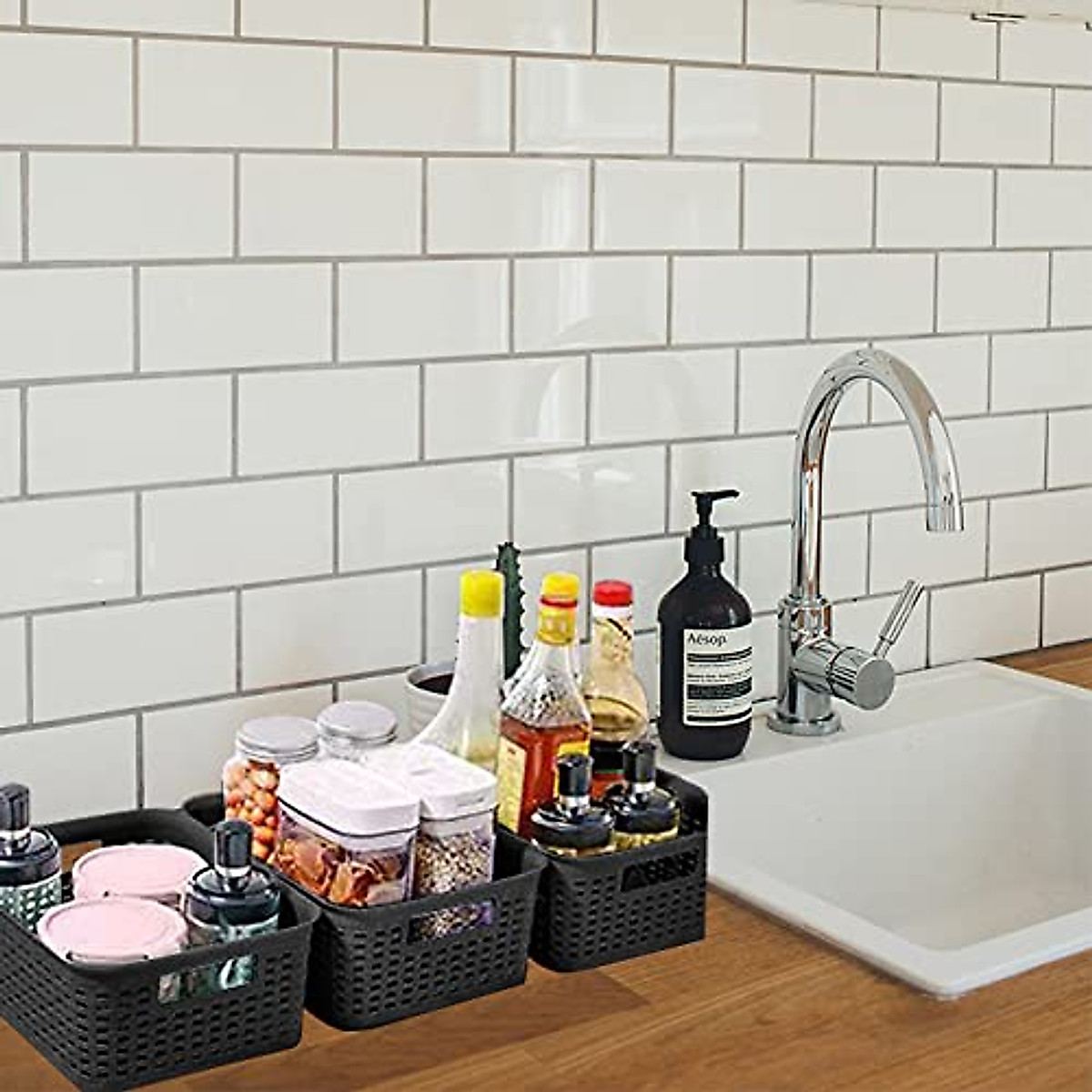 LIQIU 4-Pack Plastic Storage Basket Bins,Plastic Storage Baskets for Organizing,Weave Basket Organizer for Kitchens,Classrooms,Bathroom(12.2" × 10" × 4.5",Black).