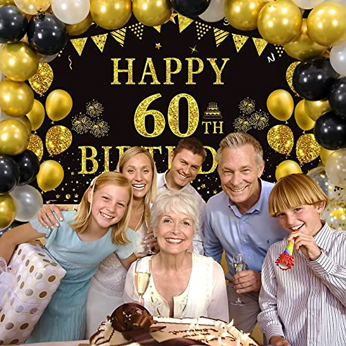 Trgowaul 60th Birthday Decorations Men Women - Black Gold Happy 60 Birthday Backdrop Banner, 2 Pcs Happy Birthday Tablecloth, 60 Pcs Latex Confetti Balloons, 60 Years Old Birthday Party Supplies Gifts