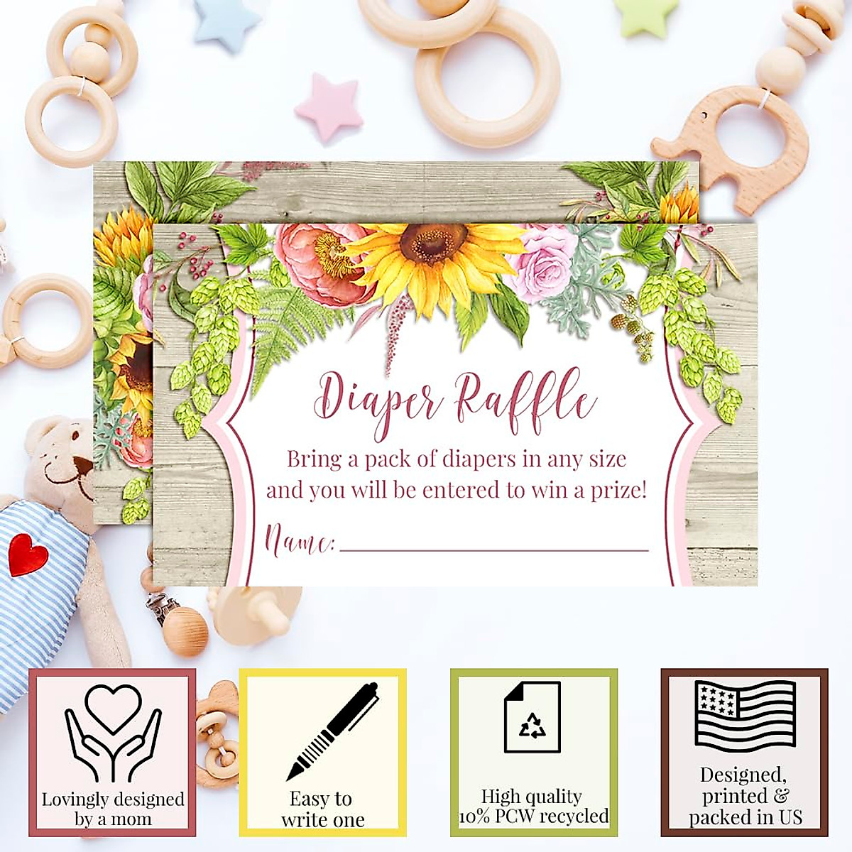 Amanda Creation Watercolor Sunflower, Dahlia, & Peony Floral Diaper Raffle Tickets for Baby Showers, 20 2" X 3” Double Sided Inserts, Bring a Pack of Diapers to Win Favors & Prizes!