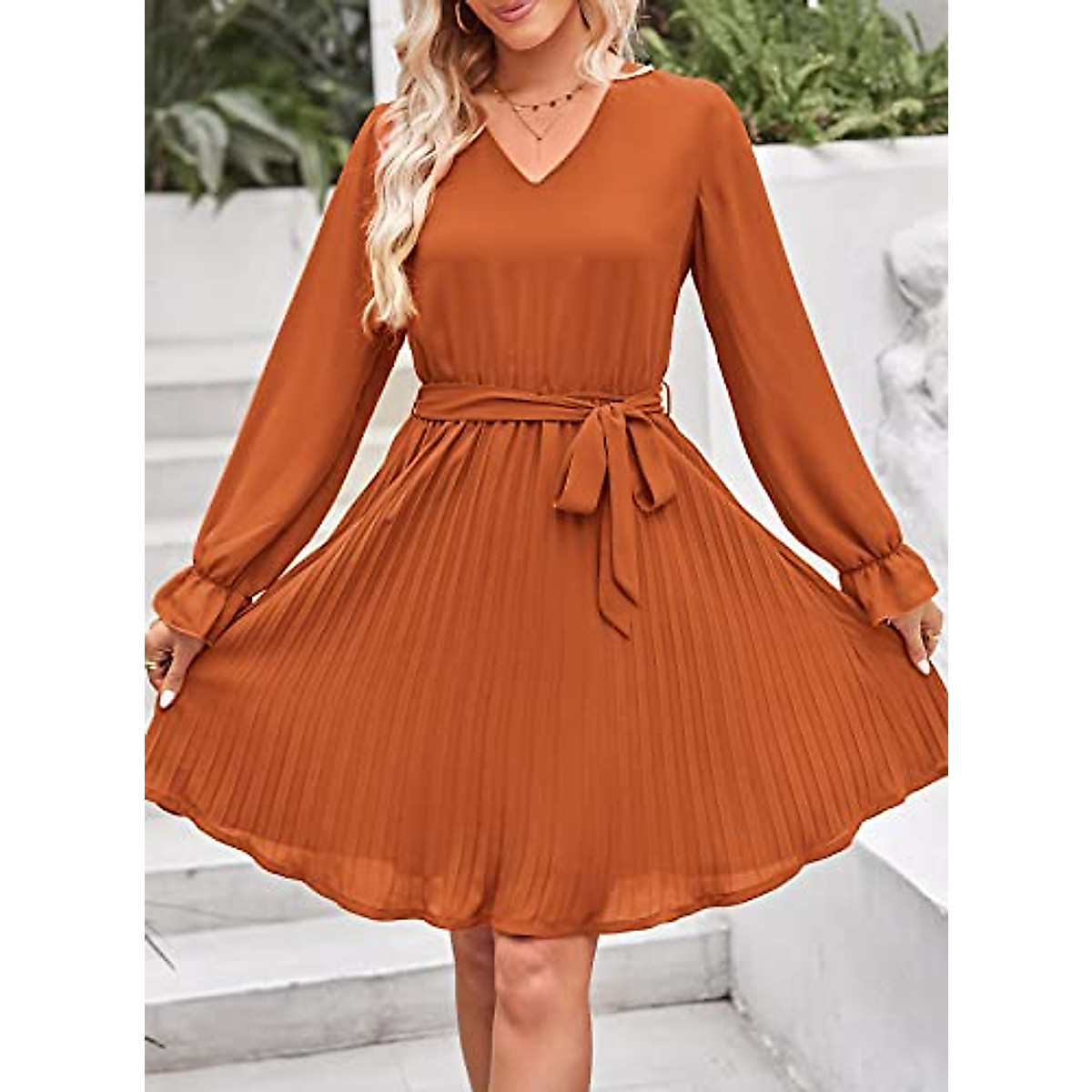 PRETTYGARDEN Women's Casual Spring Fall Dresses Long Puff Sleeve V Neck Pleated Ruffle Flowy Belted Dress (Brick Red,Medium)