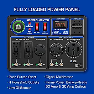 DuroMax XP13000X 13,000-Watt/10,500-Watt 500cc Electric Start Gas Powered Portable Generator w/ CO Alert, Black/Blue