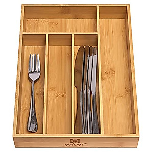guiogc Kitchen Bamboo Silverware Drawer Organizer，Silverware Organizer and Cutlery Tray with Grooved Drawer Dividers for Silverware, Knives in Kitchen, Bedroom (5 Slot-Natural)