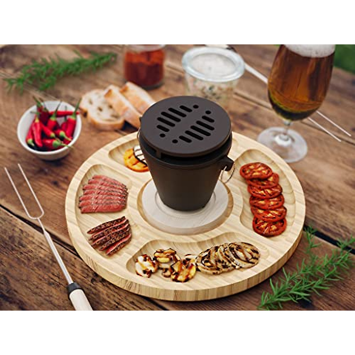 Mini Hibachi Grill Indoor - PuPu Platter Set Or Indoor Smores Kit With 2 Marshmallow Roasting Sticks For Fire Pit And A Bamboo Serving Tray - Smokeless Table Top Smores Maker