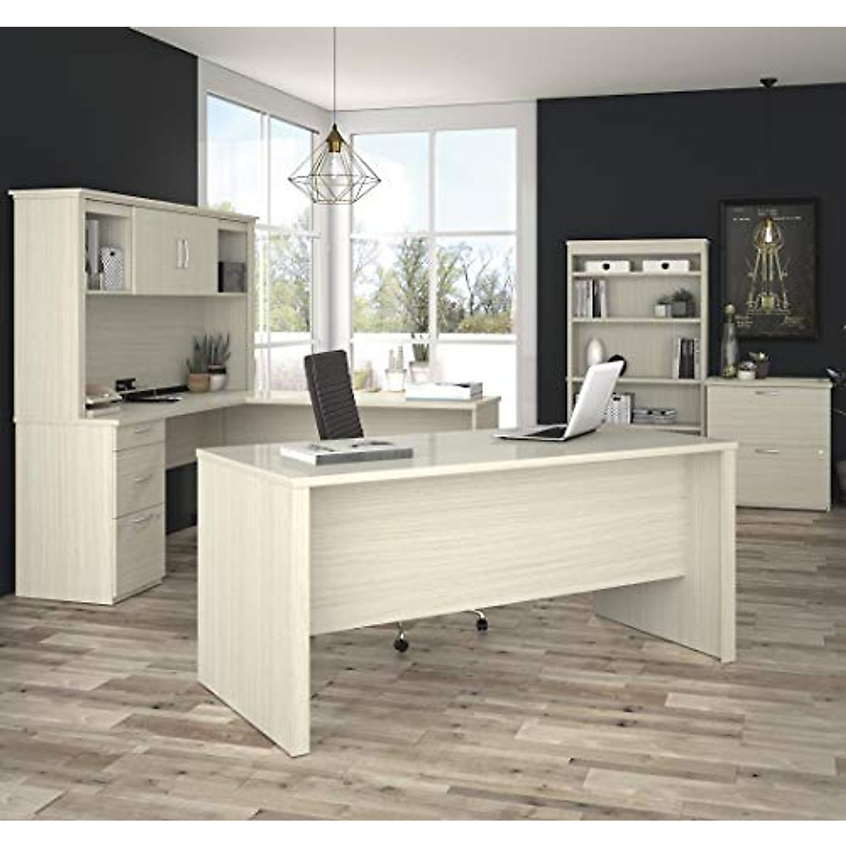 Bestar Logan U-Shaped Desk with Hutch, Lateral File Cabinet, and Bookcase, 66W, White Chocolate