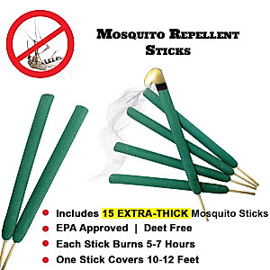 W4W, Mosquito Repellent Sticks Extra-Thick - Outdoor Use Reaches Up to 10-12 feet - Each Stick Burns for Hours - (Three Pack Contains 15 Repellents)
