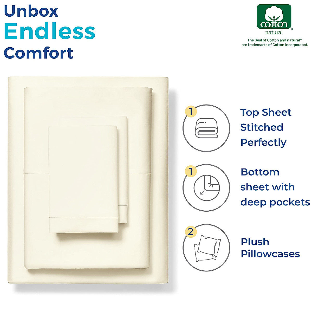 Pure Full Size Cotton Bed Sheets Set (Full Size,1000 Thread Count) Ivory Bedding Pillow Cases (4 Pc) Cotton Sheets Full Size Bed- Sateen Sheets - 16 in Deep Pocket Full Sheets