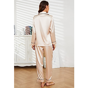 U2SKIIN Women Silk Pajamas Set, Long Sleeve Satin Pajamas for Women Sleepwear Button Down Pjs Set Two-piece(Champagne, L)