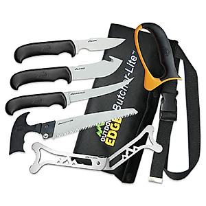 OUTDOOR EDGE ButcherLite 8-Piece Butcher Knife Set | Features a Nylon Roll Pack Case that Doubles as a Belt Scabbard | Razor-Sharp Full-Tang Caping & Boning Knives, Skinning Knife, Bone Saw & More