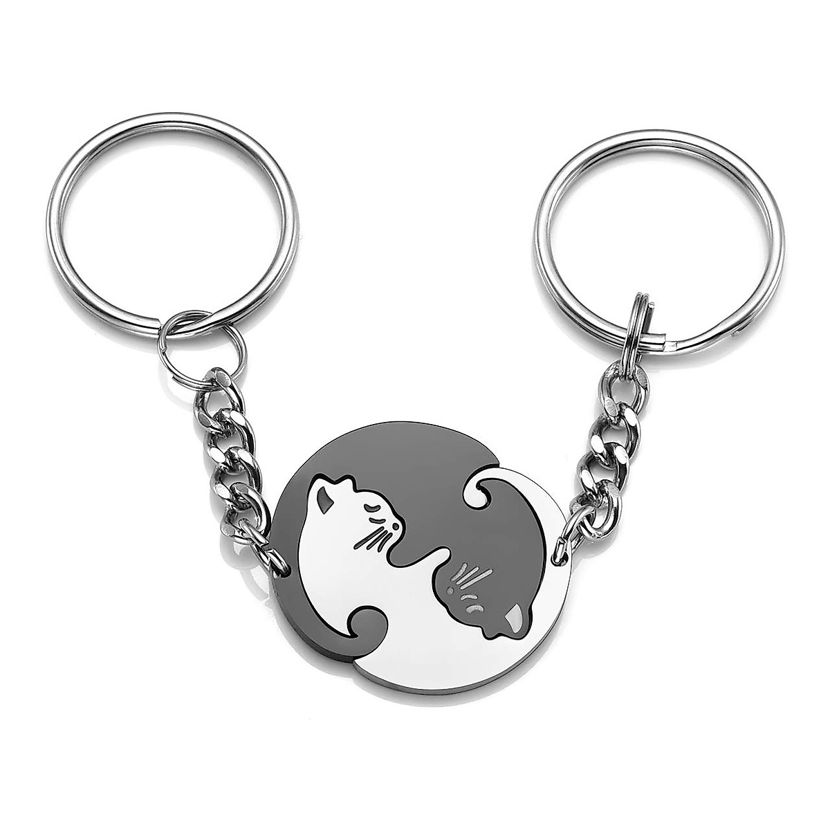 Jovivi 2pcs Stainless Steel Couples Keychains Black White Cat Puzzle Piece Matching Couple Keychain Set Yin Yang Matching Puzzle Keychain His & Her Lover Gift