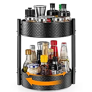 Honhoo Lazy Susan Turntable Organizer for Cabinet, Rotating Spicy Rack Organizer for Pantry Kitchen & Bathroom, Steel, Black, 2 Tiers, TNJ-2