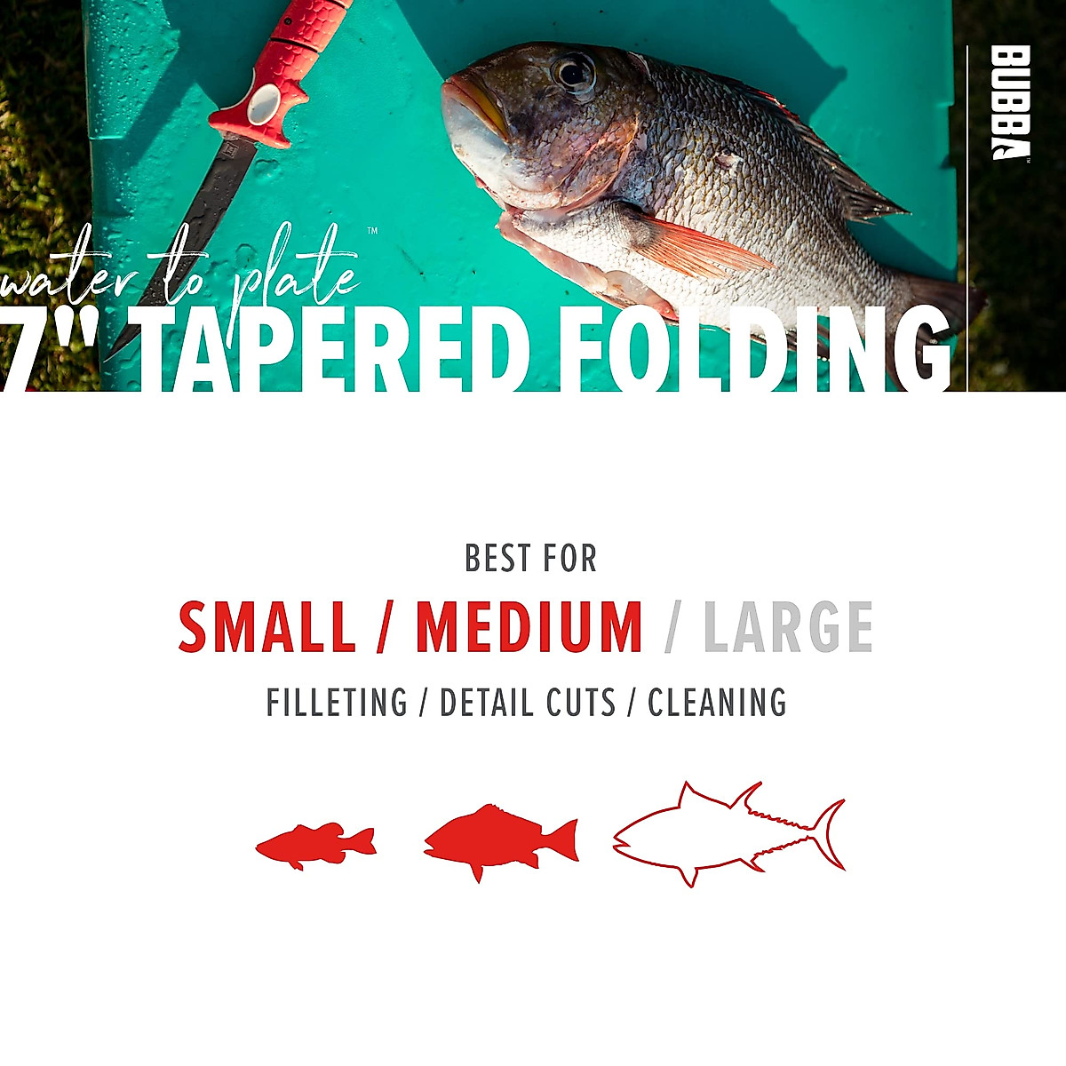 BUBBA 7" Tapered Flex Folding Knife with Non-Slip Grip Handle, Offset Full Tang Stainless Steel Blade, Lanyard Hole and Synthetic Sheath for Fishing