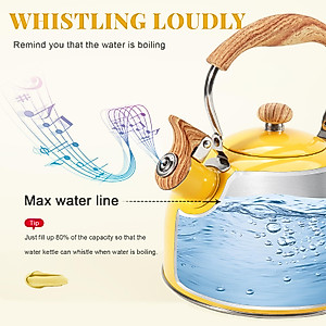 GGC Whistling Tea Kettle for Stove Top, 85OZ/2.6QT Stainless Steel Tea Kettles for Boiling Water Milik or Coffee, Yellow Tea Pots with Wood Pattern Folding Handle, Thumb Design Control Kettle Outlet