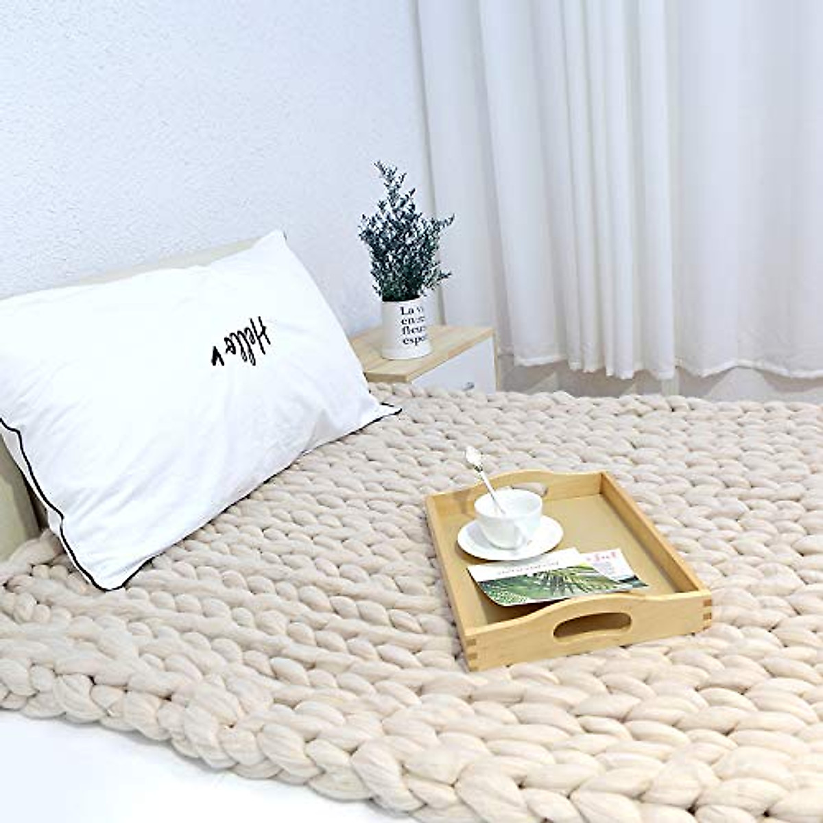 EASTSURE Chunky Knit Blanket Bulky Throw Merino Wool Hand Made Bed Sofa Throw Super Large,Beige,40"x40"