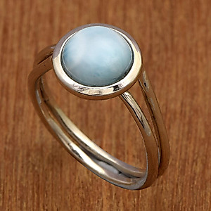 Natural 8 MM Round Larimar Gemstone Ring Split Band White Rhodium Sterling Silver (8)