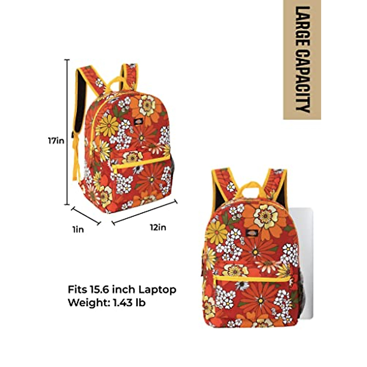 Dickies Backpack Classic Logo Water Resistant Casual Daypack for Travel Fits 15.6 Inch Notebook (Orange Flower)