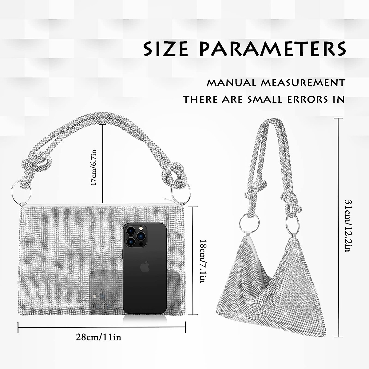 AOYUNHUI Rhinestone Hobo Bag Shoulder Handbags Crystal Evening Clutch Bag for Wedding Reception-Sliver