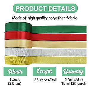 TONIFUL 5 colors Christmas Ribbon, 1 Inch x 125 yds Satin Ribbon Rolls, Red Green Gold Silver-Glitter Gold-Glitter Christmas Colors Set, For Gifts Wrapping Ornaments Hanging Christmas Tree Decorations