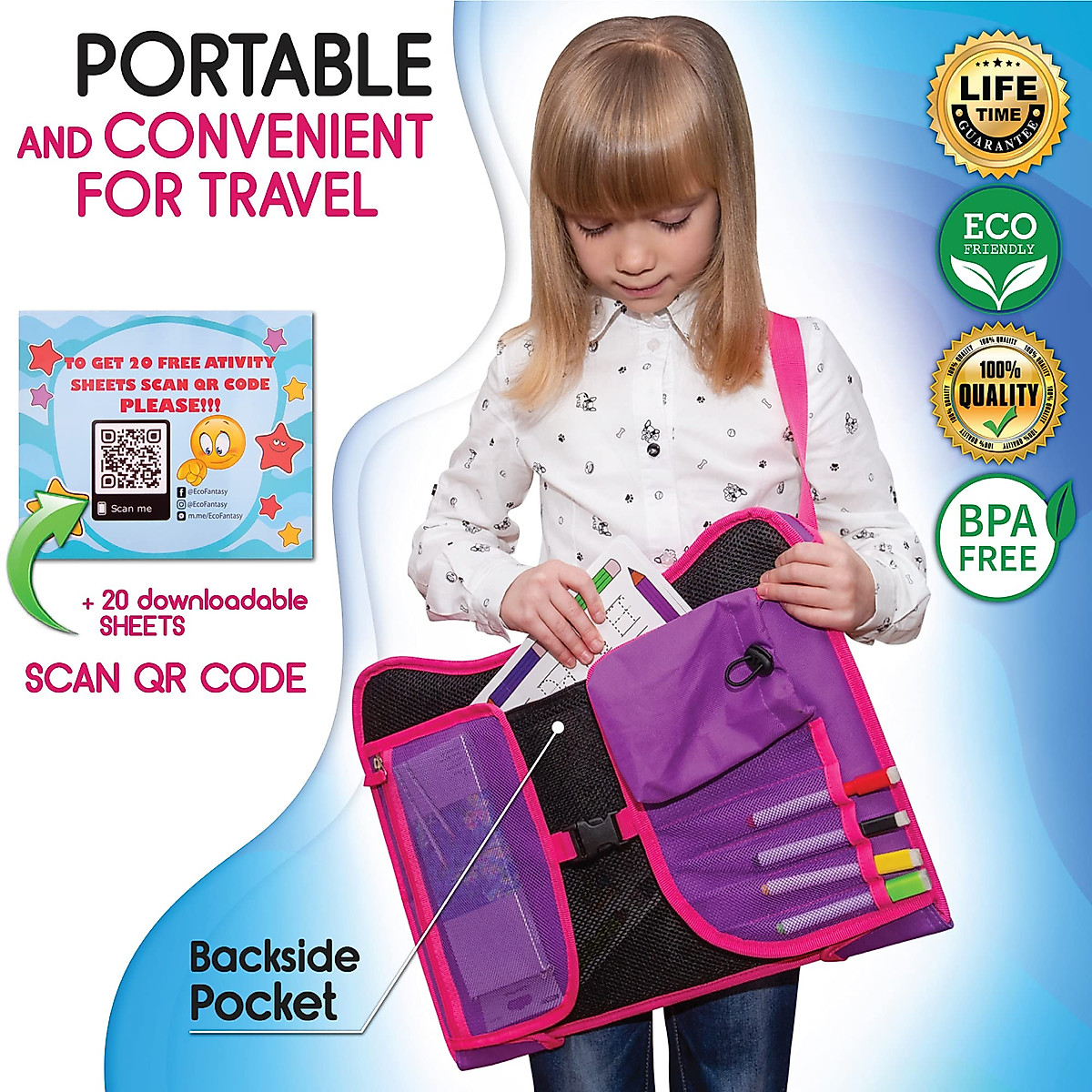 ECOFANTASY Kids Travel Tray - Waterproof Lap Table with No-Drop Large Tablet Holder - Car Seat Tray - Road Trip Essentials Kids - Car Desk Organizer for Airplane - Toddler Travel Essentials (Pink)