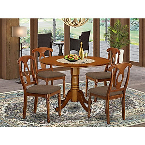 East West Furniture DLNA5-SBR-C 5 Piece Kitchen Table & Chairs Set Includes a Round Dining Room Table with Dropleaf and 4 Linen Fabric Upholstered Chairs, 42x42 Inch, Saddle Brown