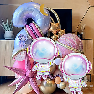 5Pcs Astronaut Balloons for Girls/Girl Astronaut Space Party Decor/Two the Moon Decor/Purple Outer Space Astronaut 4D Planet Balloons for Girl/Galaxy Planet Balloons/Space Travel UFO Baby Shower