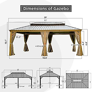 Domi Outdoor Living 12’x20’ Hardtop Gazebo, Wooden Coated Aluminum Frame Canopy with Galvanized Steel Double Roof, Outdoor Permanent Metal Pavilion with Curtains and Netting for Patio, Deck and Lawn