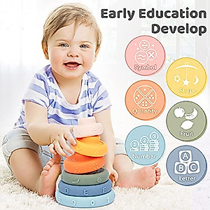 SYNPOS 6 PCS Baby Stacking Teething Toy, Stacking Nesting Toys, Soft Building Stacker Squeeze Toy, Baby Montessori Sensory Toys with Number, Fruit and Shape, Early Learning Toys for Toddlers 6 Months