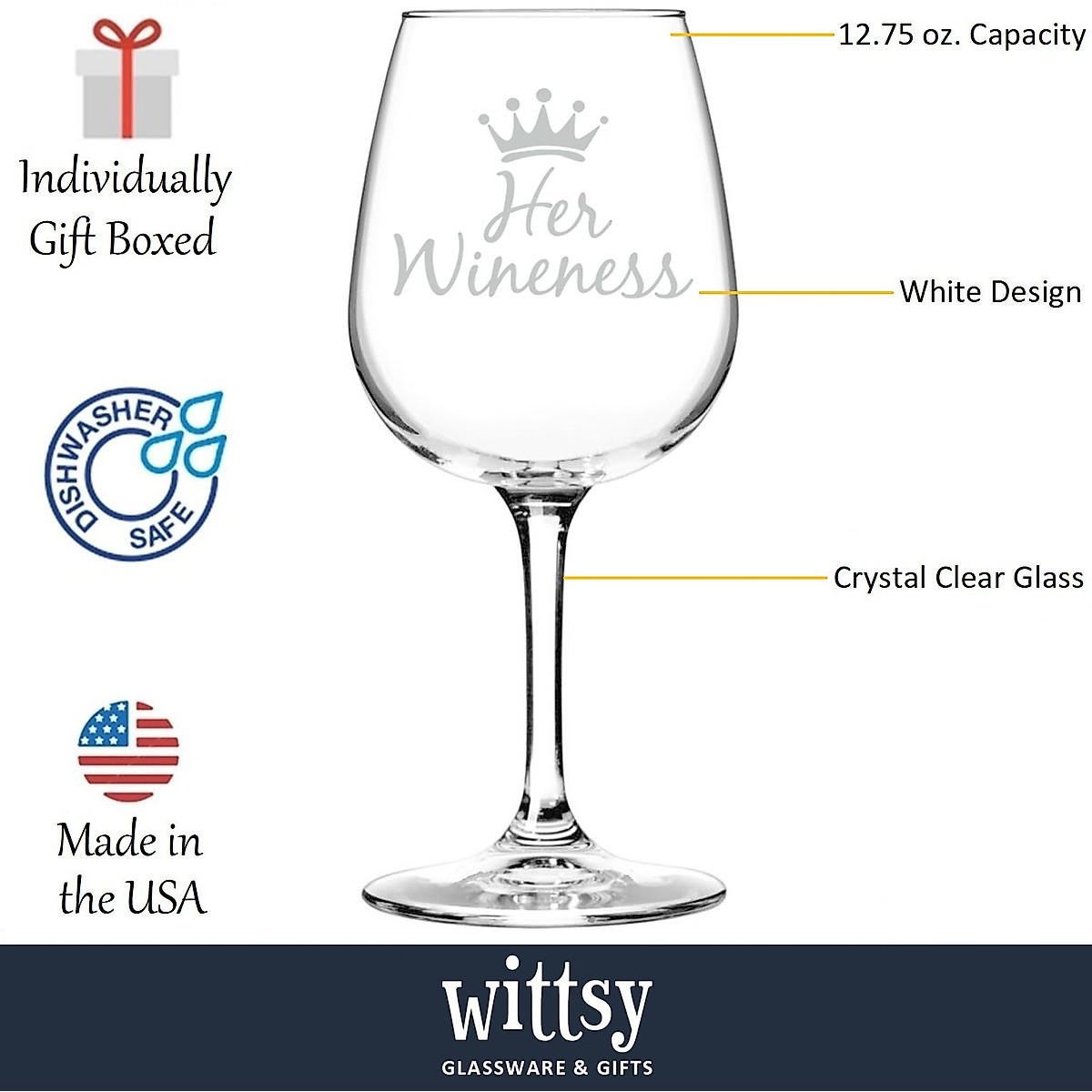 Funny Wine Glass for Women - Her Wineness Queen Wine Glass - Best Birthday Gifts for Women, Mom, Wife, Her - Unique Bday Present Ideas from Husband, Son, Daughter - Fun Wine Gift for Friends