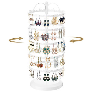 LASZOLA 5 Tiers Metal Earring Holder Organizer, Stable Rotating Jewelry Display Stand for Women Girls, 400 Holes and Grooves Earring Spin Table Rack Tower Tree for Necklace Bracelet Ring - White