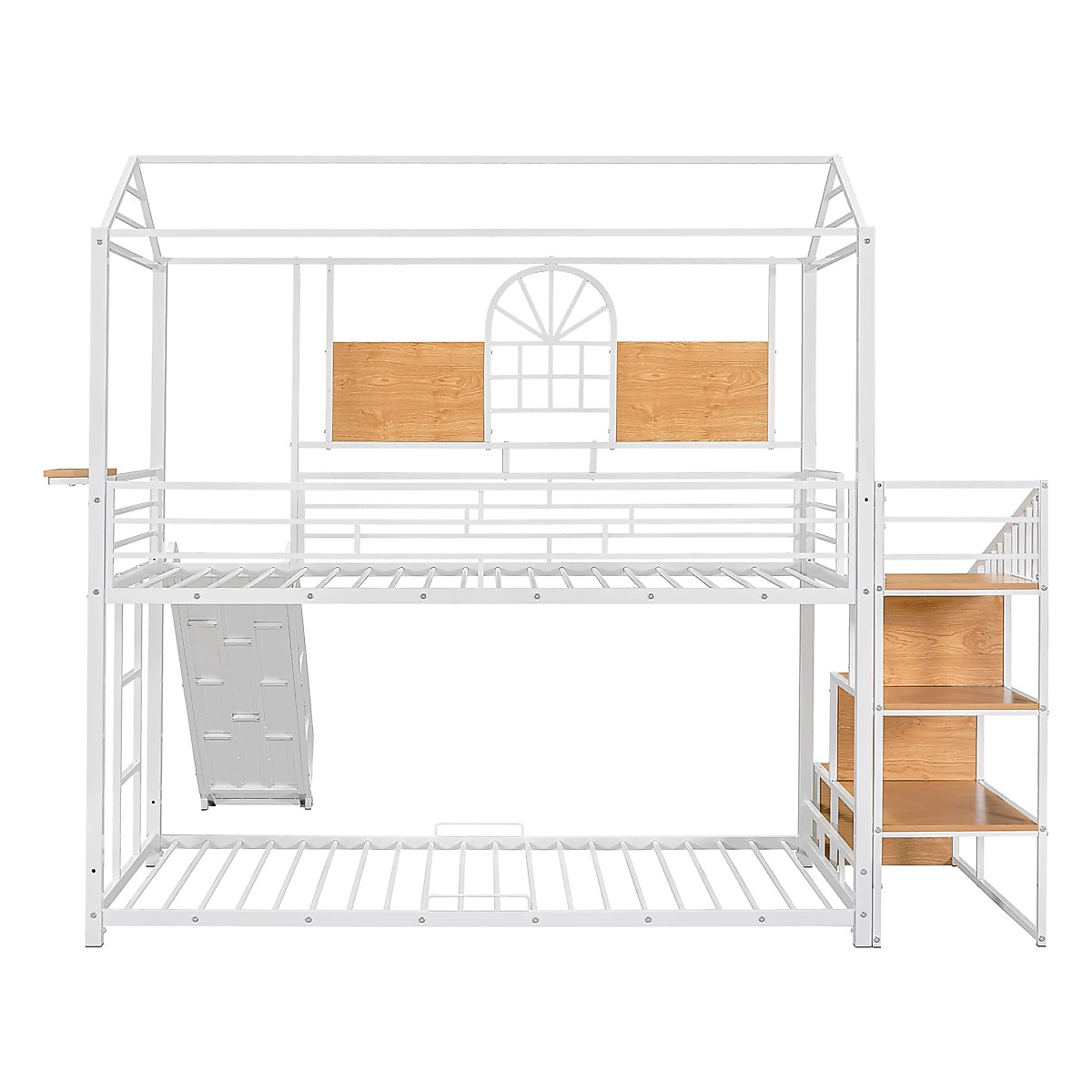 BOVZA House Bunk Bed with Slide and Stairs, Twin Over Twin Metal Bunk Beds Frame with Roof and Storage Staircase for Kids Boys Girls Teens, White