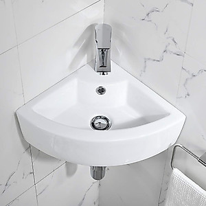 Wall Mount Small Corner Bathroom Sink and Faucet Combo with Overflow Triangle White Porcelain Ceramic Wall Hung Mini Vanity Space Bathroom sink, Faucet and Drain Combo