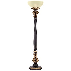Barnes and Ivy Rita Traditional Victorian Torchiere Floor Lamp 75" Tall Carved Wood Amber Glass Shade Foot Dimmer Standing Light for Living Room Reading House Bedroom Home Office