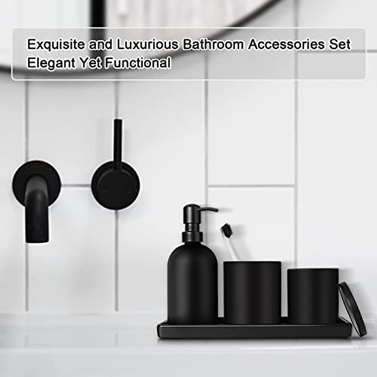 GMISUN Black Bathroom Accessories Set, Matte Black Bathroom Accessory Set, Bathroom Soap Dispenser and Toothbrush Holder Set, Qtip Holder, Modern Bathroom Decor Sets, Glass Bath Accessories Sets