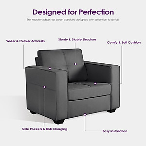 TYBOATLE Accent Chair, 38.58" W Mid-Century Modern Linen Fabric Tufted Living Room Chair, Comfy Upholstered Reading Club Arm Chairs for Living Room, Bedroom, Office (Dark Grey)