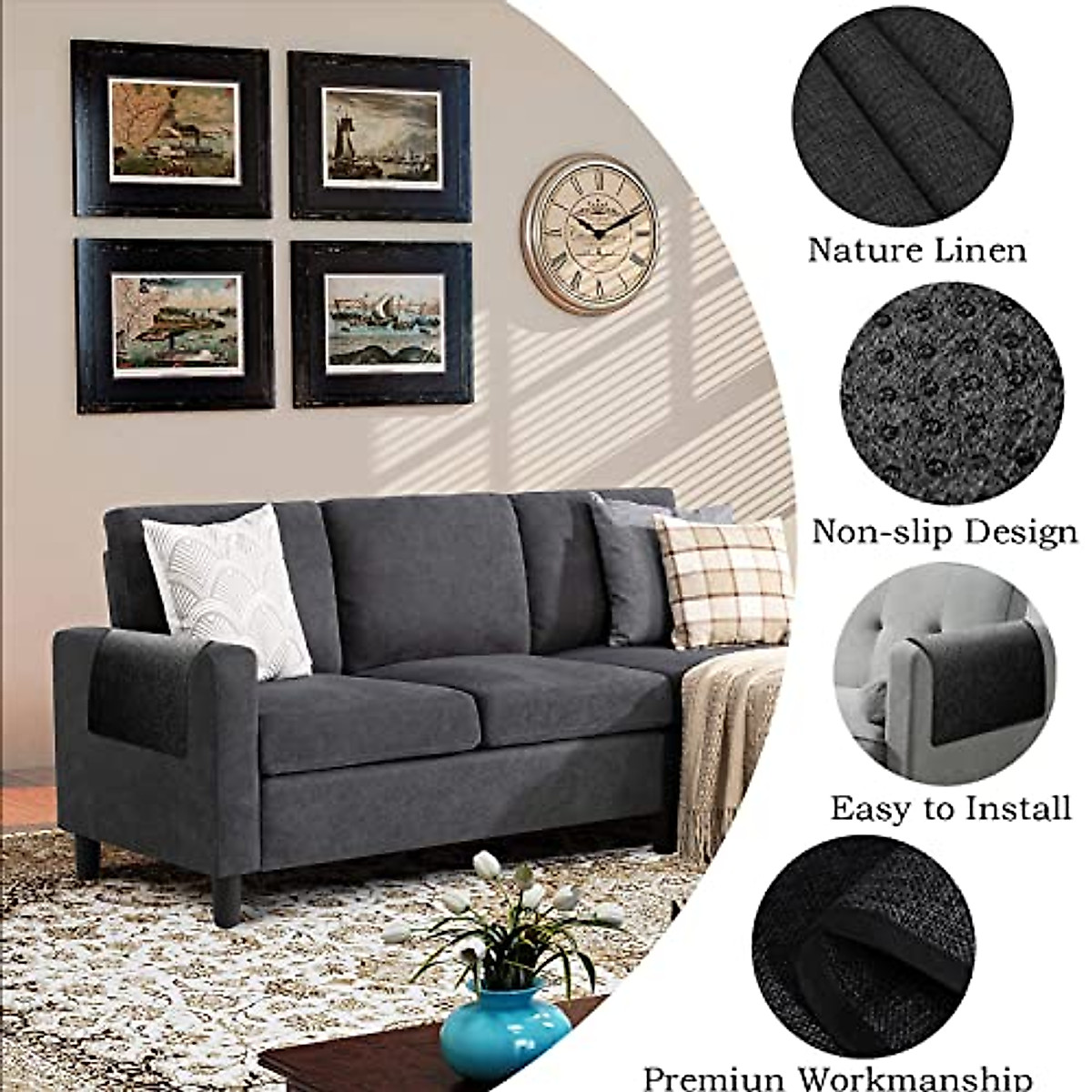 Zenhouse Sofa Arm Covers Linen Couch Arm Covers for Chairs and Sofa, Couch Loveseat Armchair Covers Anti-Slip Furniture Protector Armchair Slipcover for Living Room Set of 2, Black