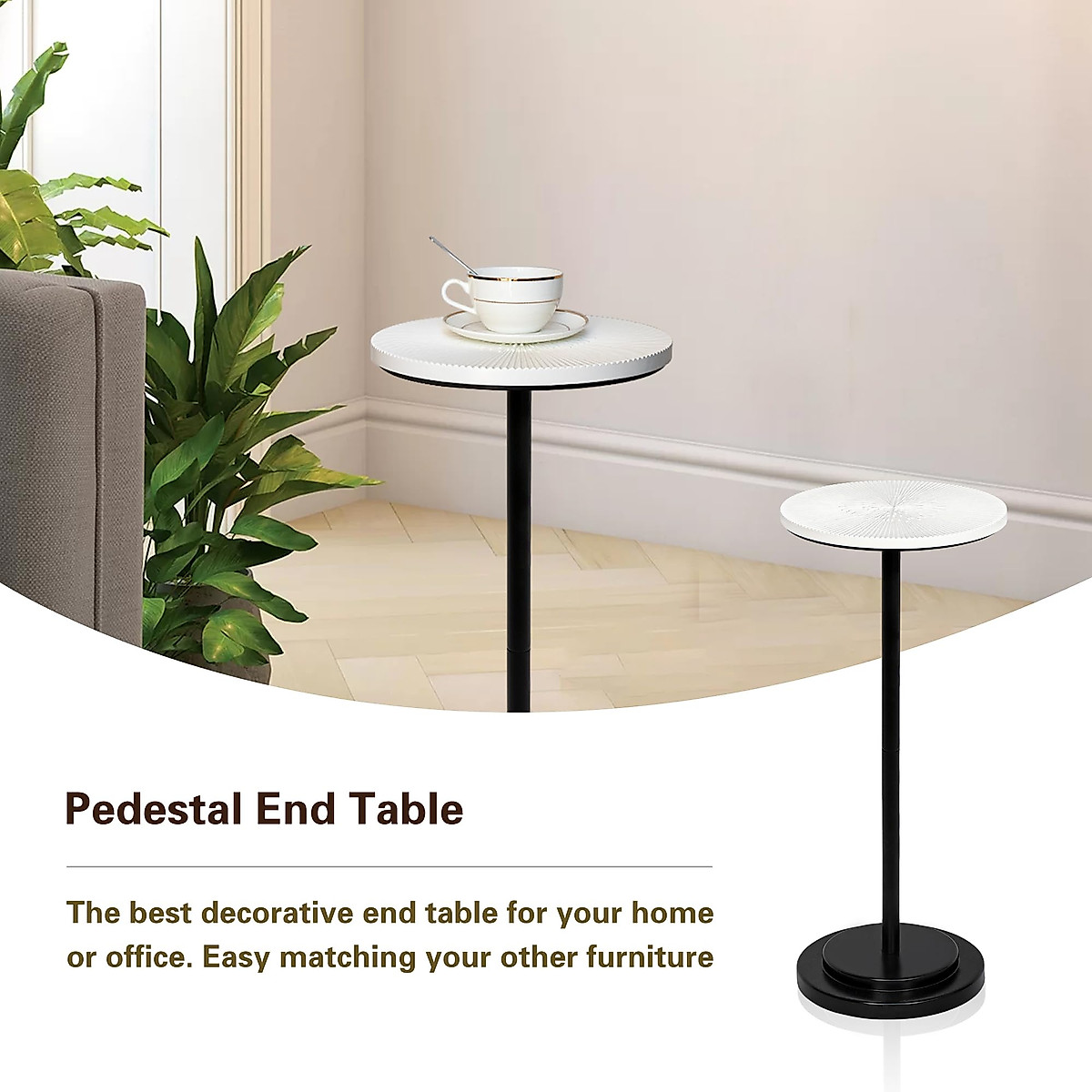 COVLON Drink Table, Carved Table Top Martini Table, Small Side Table, Weighted Base Pedestal Table for Living Room, Bedroom, Modern, White and Black