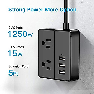 Power Strip with 2 Outlets and 3 USB Ports (1250W/10A), Desktop Charging Station 5 ft Extension Cord, No Surge Protector, Small Size for Home, Indoor, Dorm Room Essentials, Office - Black