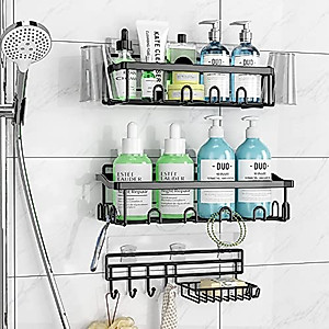 SIXDOVE 3 Pack Shower Caddy Shelves With 22 Hooks, Soap Holder Organizer Wall Mounted Shower Rack Basket With No Drilling Adhesive Shower Caddy Rustproof Storage Organizer (Black)