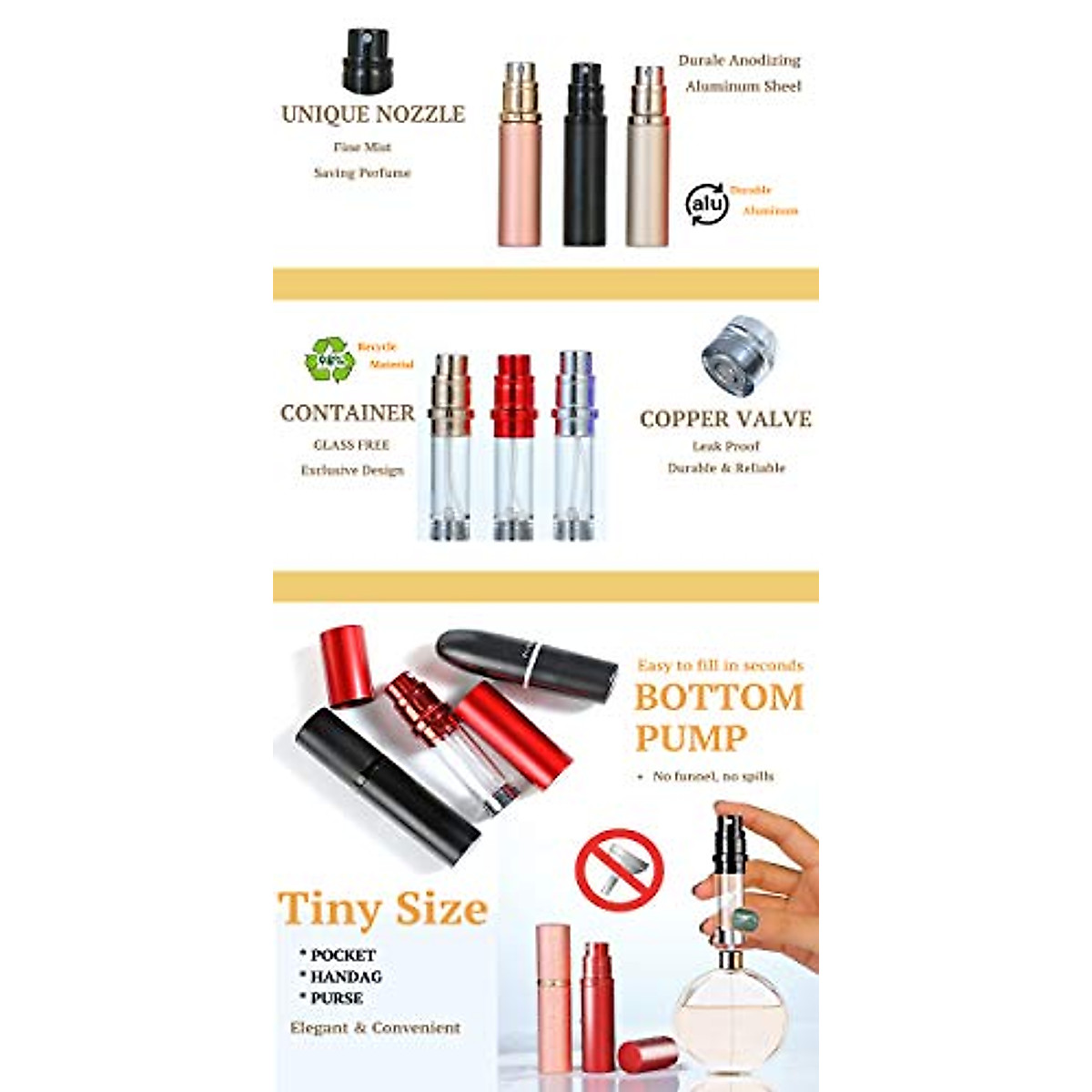 D-LOTUS Refillable Perfume Atomizer 5ml Perfume Bottle, Mini Travel Atomizer Empty Portable Perfume Spray Bottle (Black and Silver)