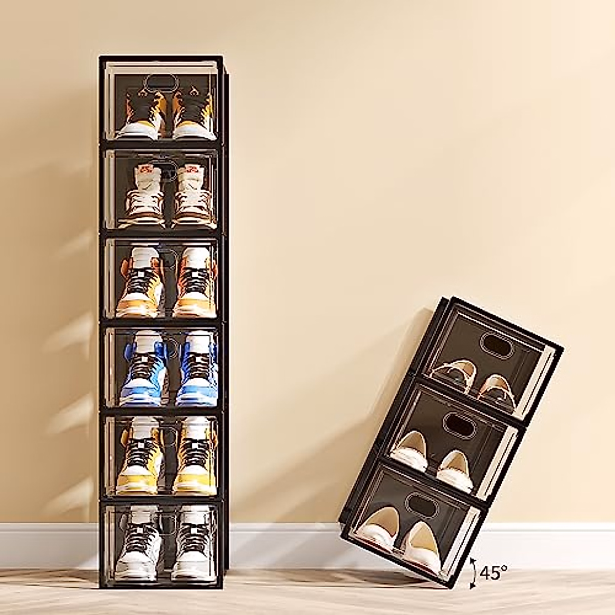 JOISCOPE 12 Pack Shoe Storage Boxes, Fit up to US Size 13, Clear Plastic Stackable Shoe Organizer for Closet, Space Saving Foldable Shoe Containers Bins Sneaker Container, Black