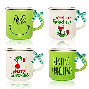 Whaline 4Pcs Christmas Mini Coffee Mug with Ribbon Tiered Tray Decor Green White Xmas Drinking Cups Gifts for Christmas Party Table Centerpieces Decorations Housewarming Gift