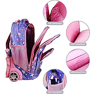 Kids Rolling Backpack for Girls, 18 Inch Wheeled Trolley School Backpack with Lunch Bag Pencil Case, 3 IN 1 Bookbag Set School Kids Trolley Travel Trip Luggage (Purple)