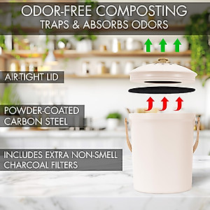 Beautiful Kitchen Compost Bin with Smell Proof Lid - Rust Proof and Odorless Compost Bucket for Your Countertop with No Smell Filters - Easy to Clean 1.1 Gallon Bin Looks Great On Any Kitchen Counter